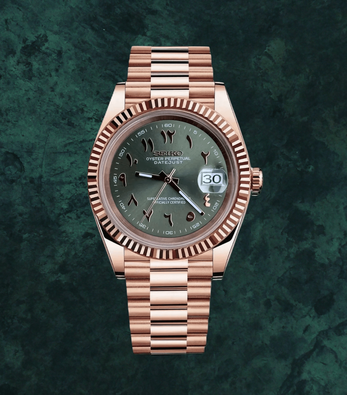 Seiko Mod Datejust RG Arabic Olive Green – YG MODS